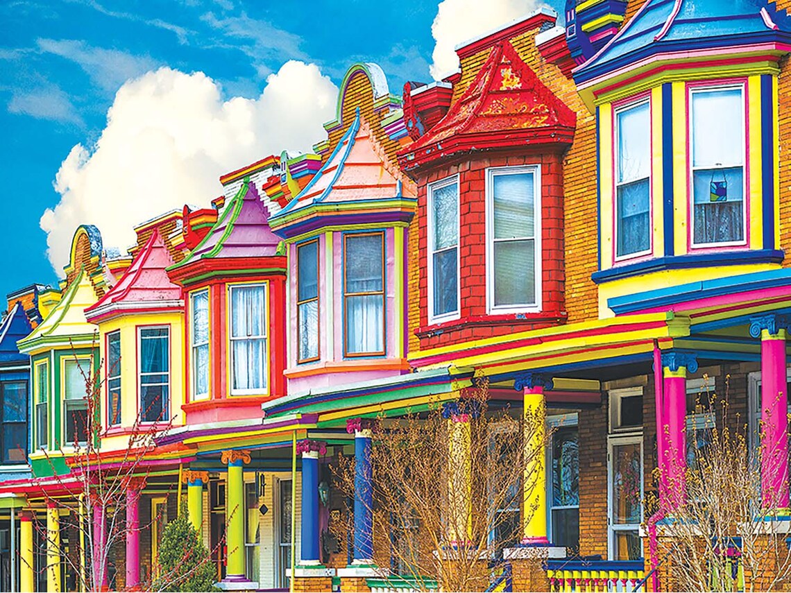 Colorful Victorian Houses Wall Art, Rainbow Cityscape Print, Bright ...