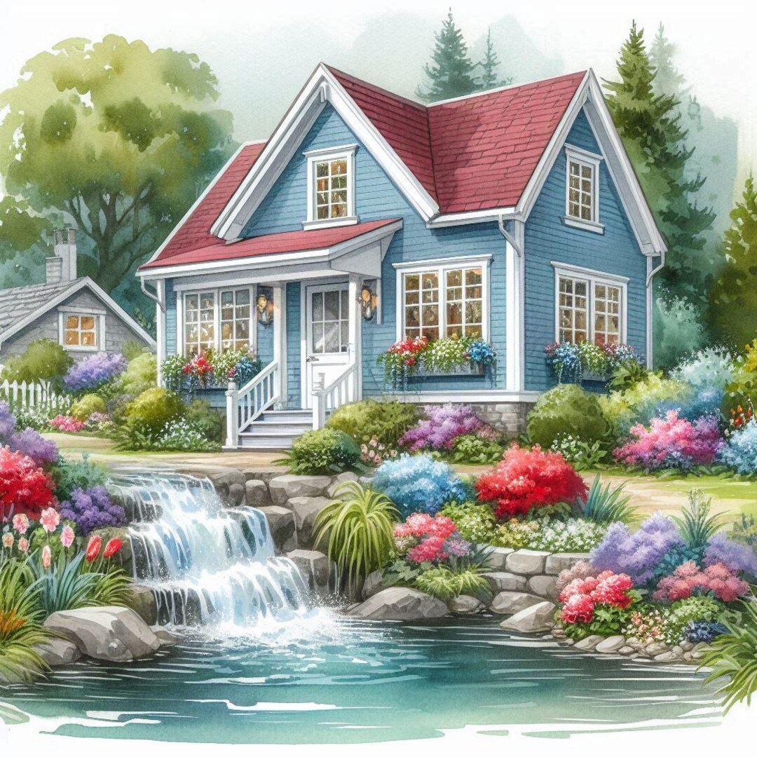 Cottage Garden With Waterfall Wall Art, Blue House Landscape Print ...
