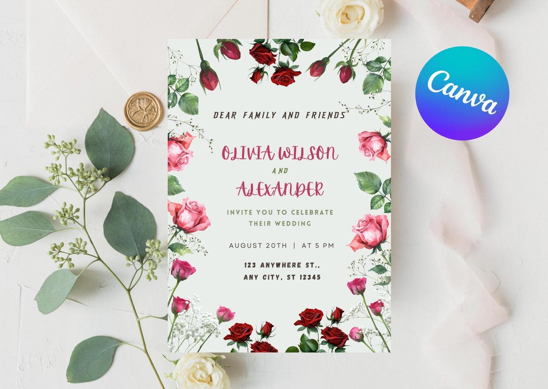 Editable Rose Wedding Card, Wedding Invitation,floral Wedding, Roses ...