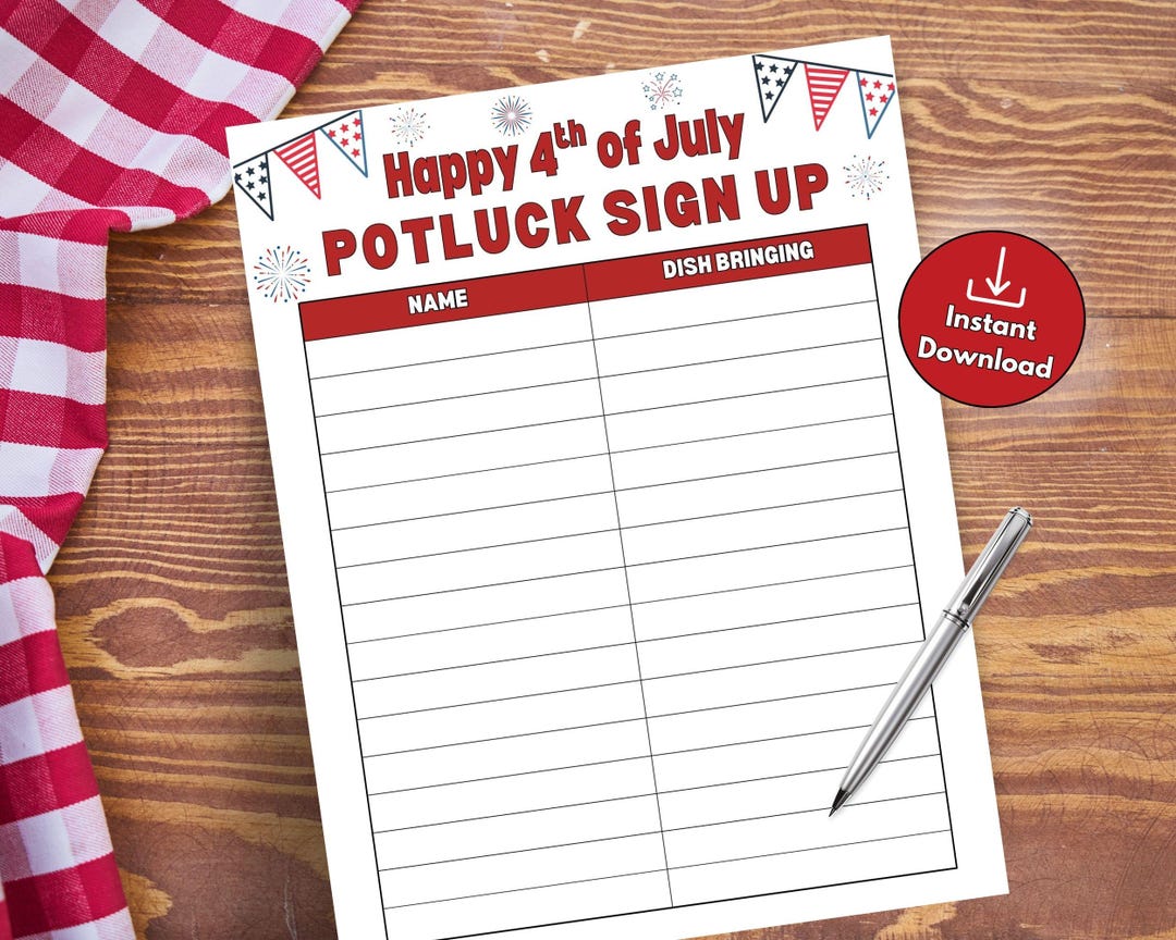 4th of July Potluck Sign up Printable, Summer Picnic Signup Sheet ...