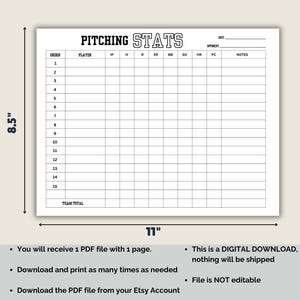 Printable Baseball Pitch Stat Tracker Sheet for Baseball Coach or ...