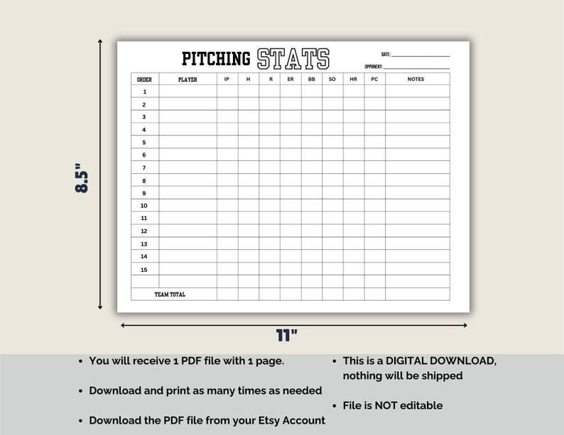 Printable Baseball Pitch Stat Tracker Sheet for Baseball Coach or ...