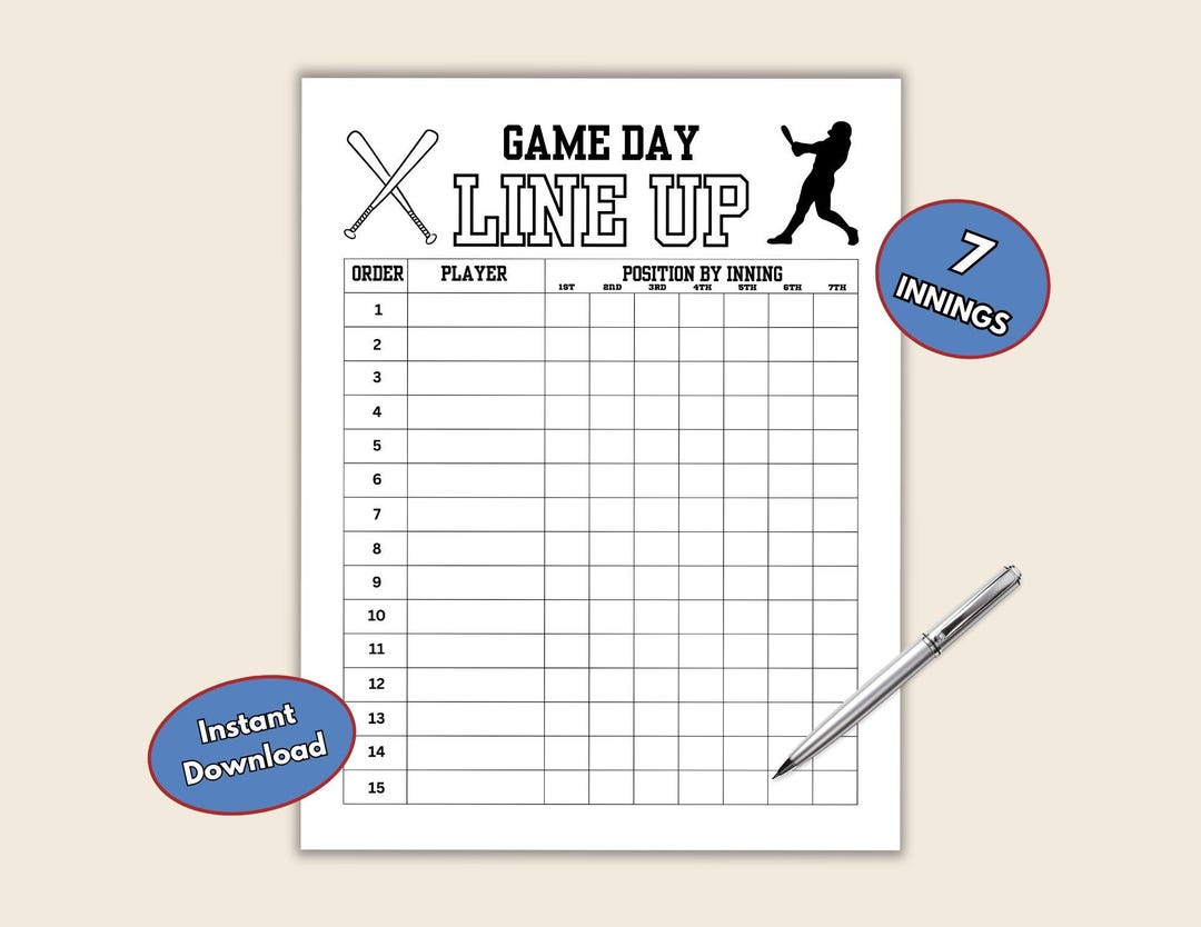 7 Inning Printable Baseball Batting Order and Lineup Sheet for Baseball ...