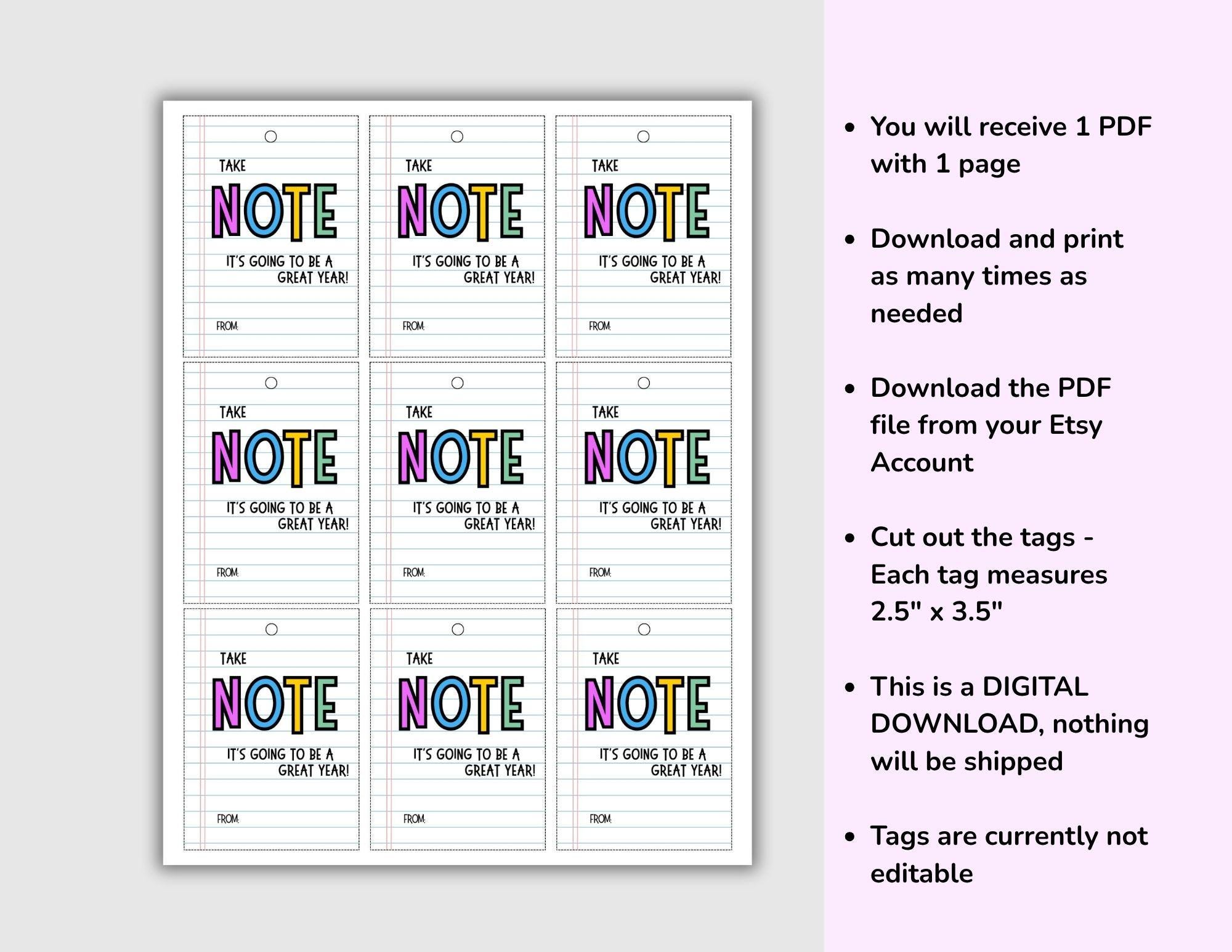 Take Note It's Going to Be a Great Year Tags, Printable Back to School ...