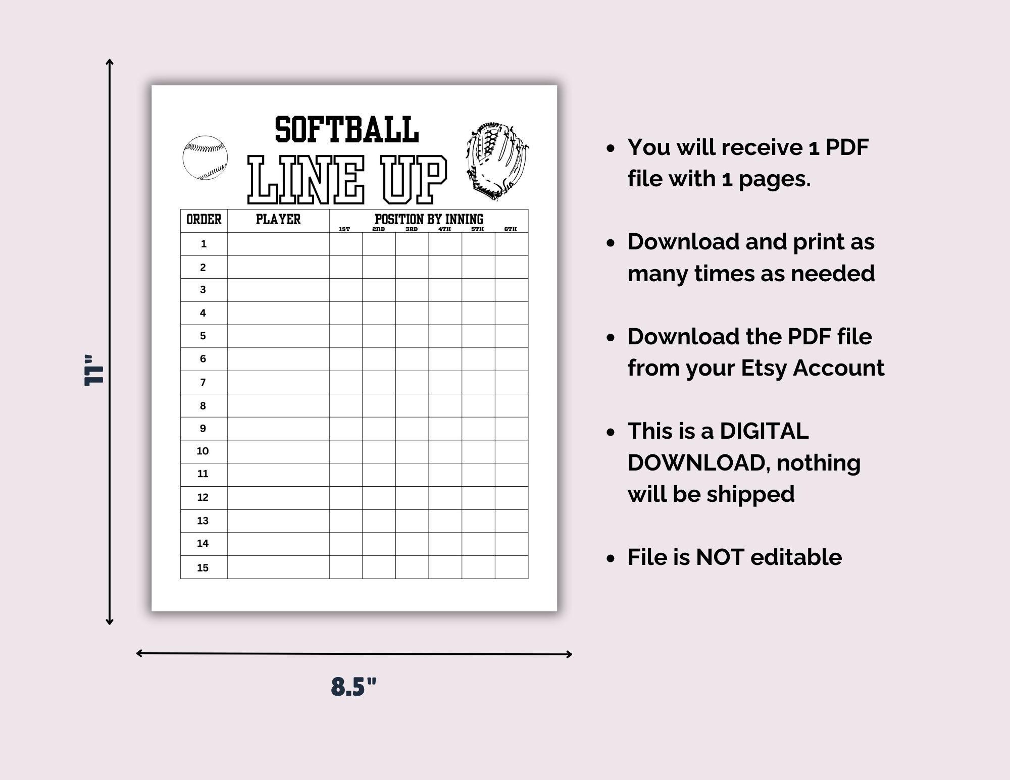 Printable Softball Batting Order and Lineup Sheet for Softball Coach or ...