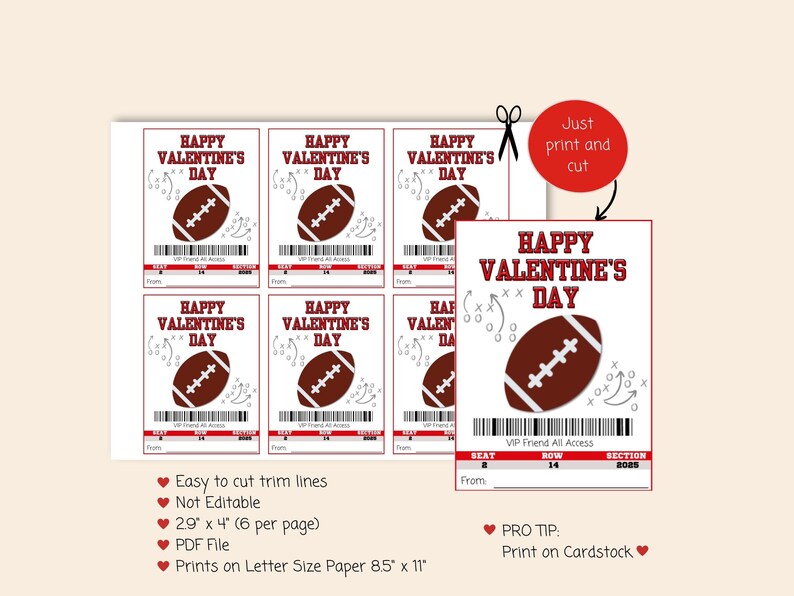 Kids Football Valentine's Day Card, Kids Sports Valentine, Classroom ...