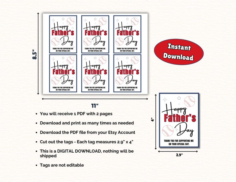 Baseball Father's Day Gift Tags Printable, Baseball Team Gift Tags for ...