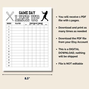 Printable Baseball Batting Order and Lineup Sheet for Baseball Coach or ...