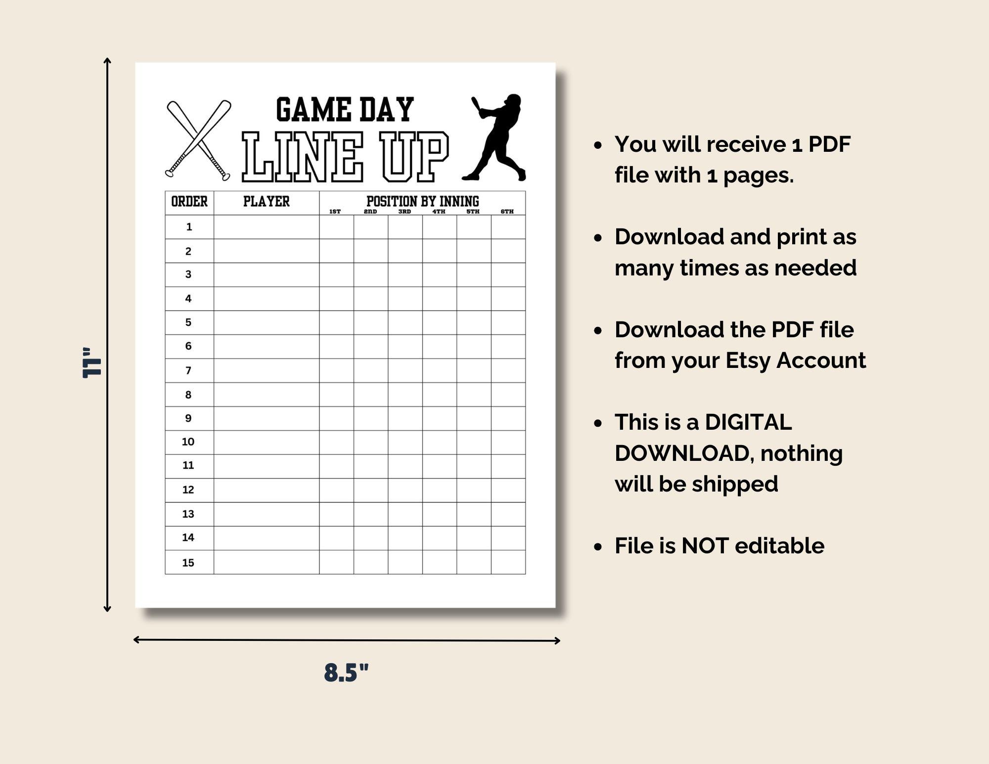 Printable Baseball Batting Order and Lineup Sheet for Baseball Coach or ...