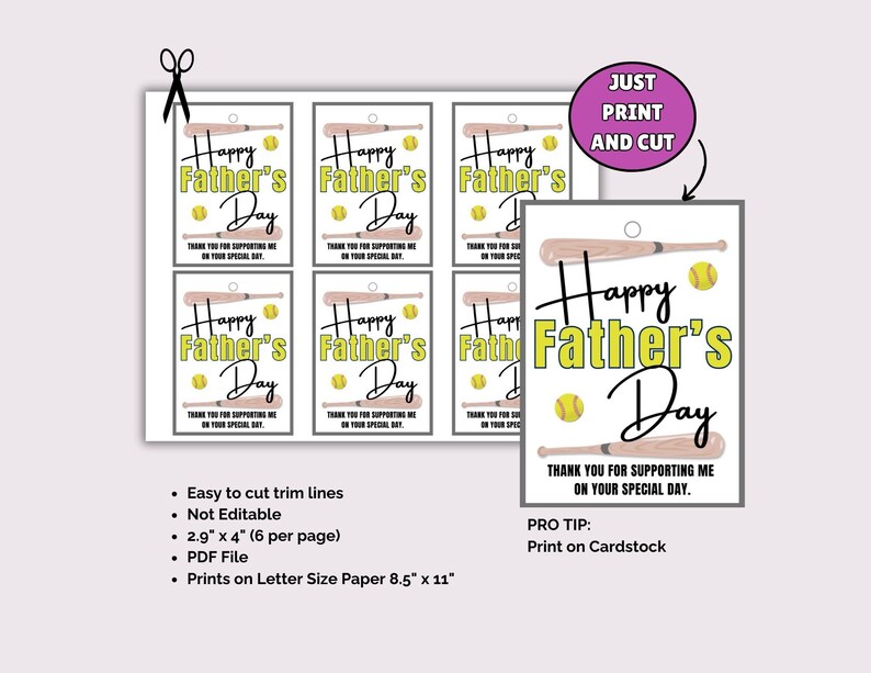 Softball Happy Father's Day Printable Gift Tags, Team Gift Tags for Dad ...