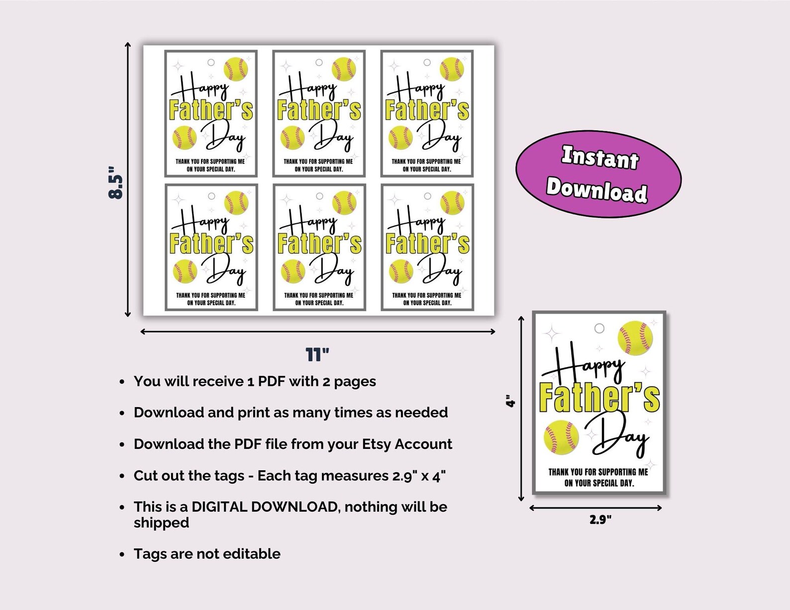 Softball Happy Father's Day Printable Gift Tags, Team Gift Tags for Dad ...