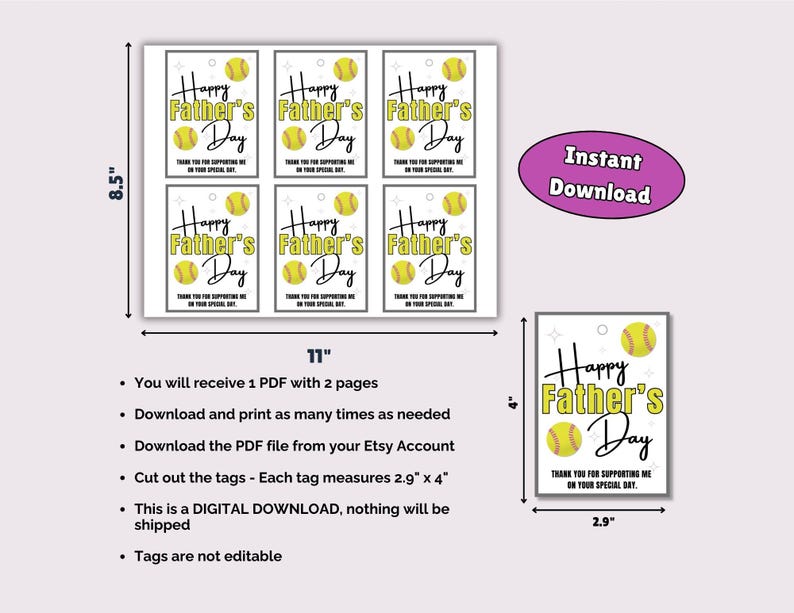 Softball Happy Father's Day Printable Gift Tags, Team Gift Tags for Dad ...