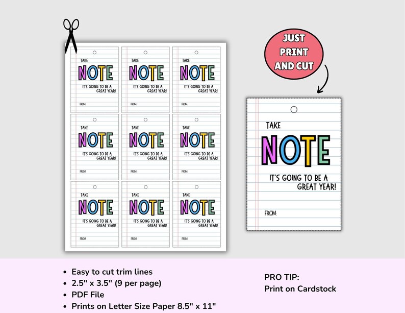 Take Note It's Going to Be a Great Year Tags, Printable Back to School ...