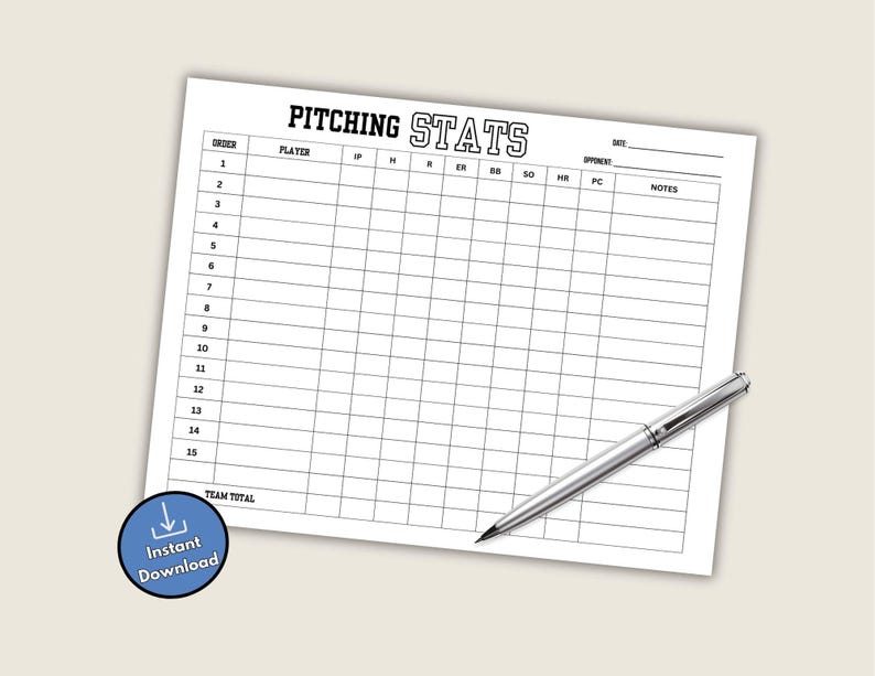 Printable Baseball Pitch Stat Tracker Sheet for Baseball Coach or ...
