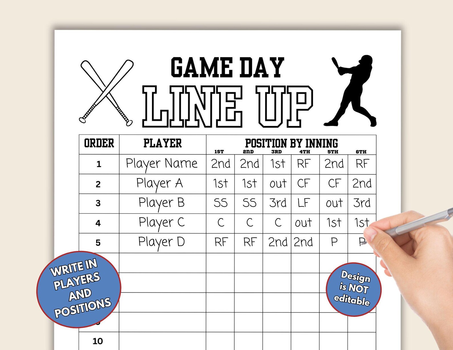 Printable Baseball Batting Order and Lineup Sheet for Baseball Coach or ...