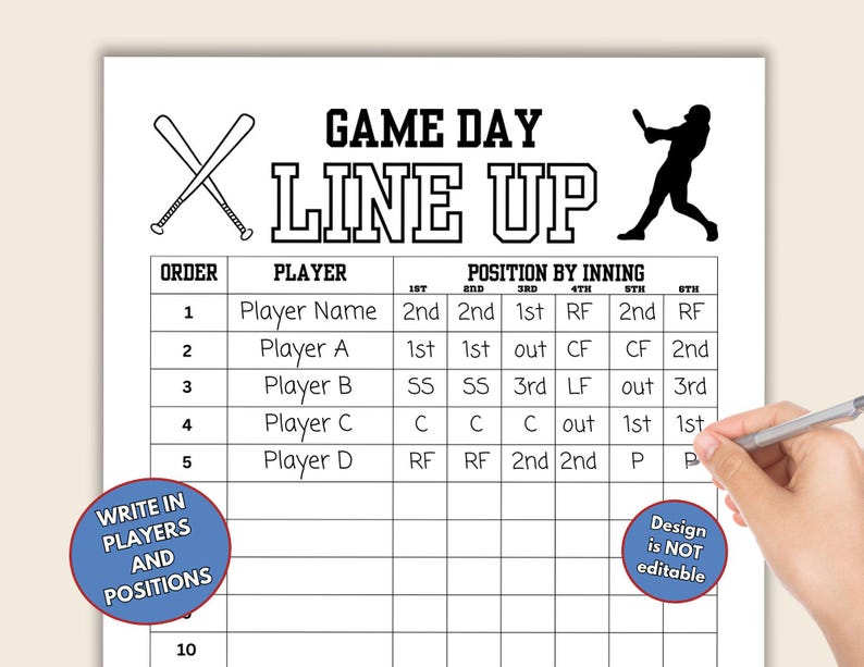 Printable Baseball Batting Order and Lineup Sheet for Baseball Coach or ...