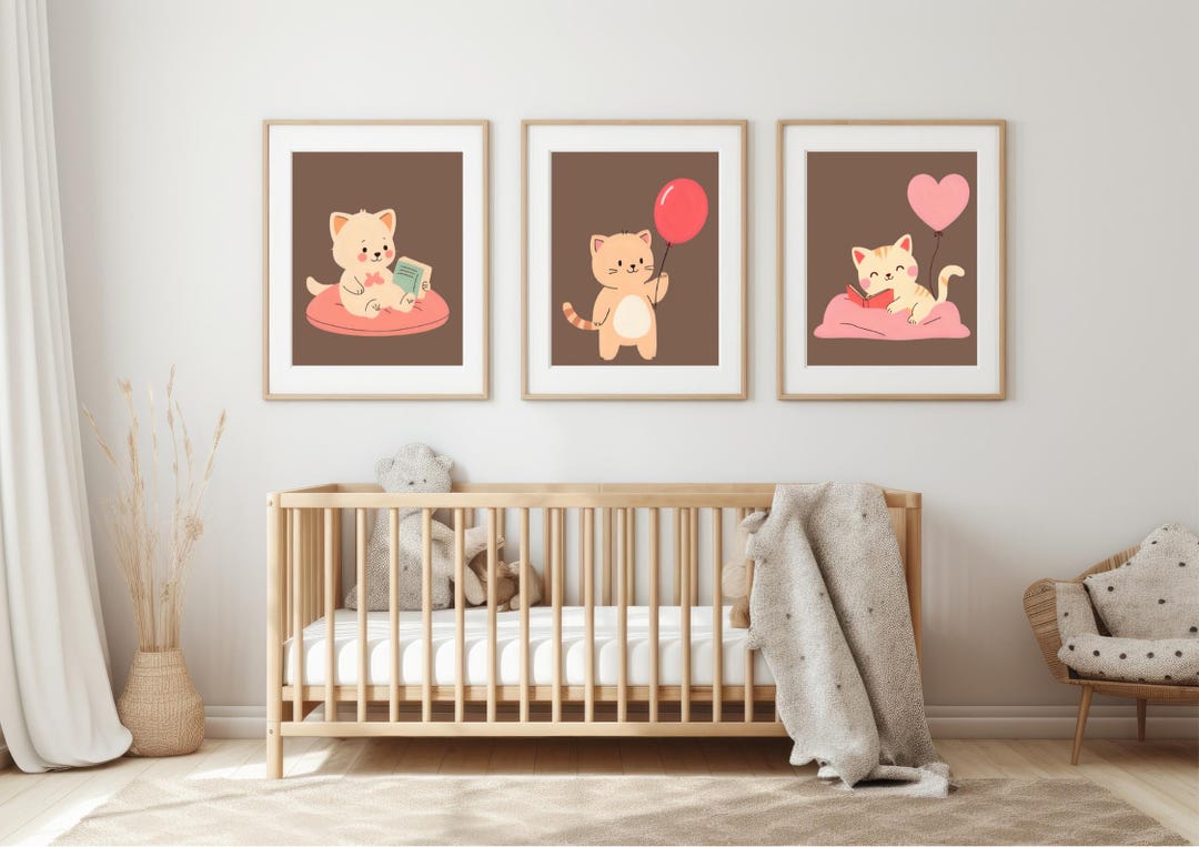 Set of 3 Cute Kitten Posters – Kawaii Nursery Wall Art – Pastel Cat ...