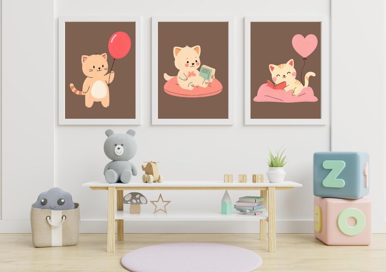 Set of 3 Cute Kitten Posters – Kawaii Nursery Wall Art – Pastel Cat ...