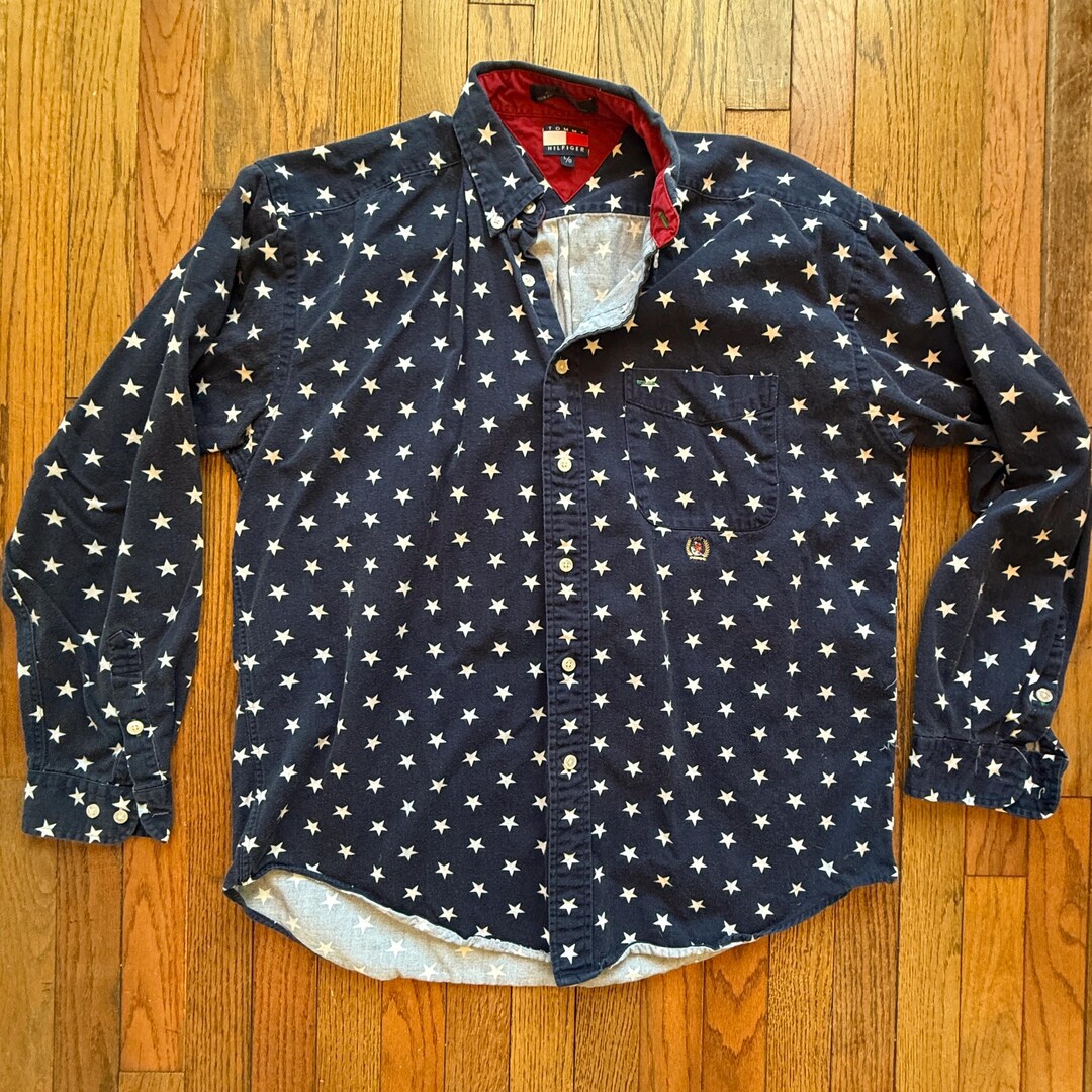 Vintage Tommy Hilfiger Star Print Button up Shirt Navy Blue Short ...