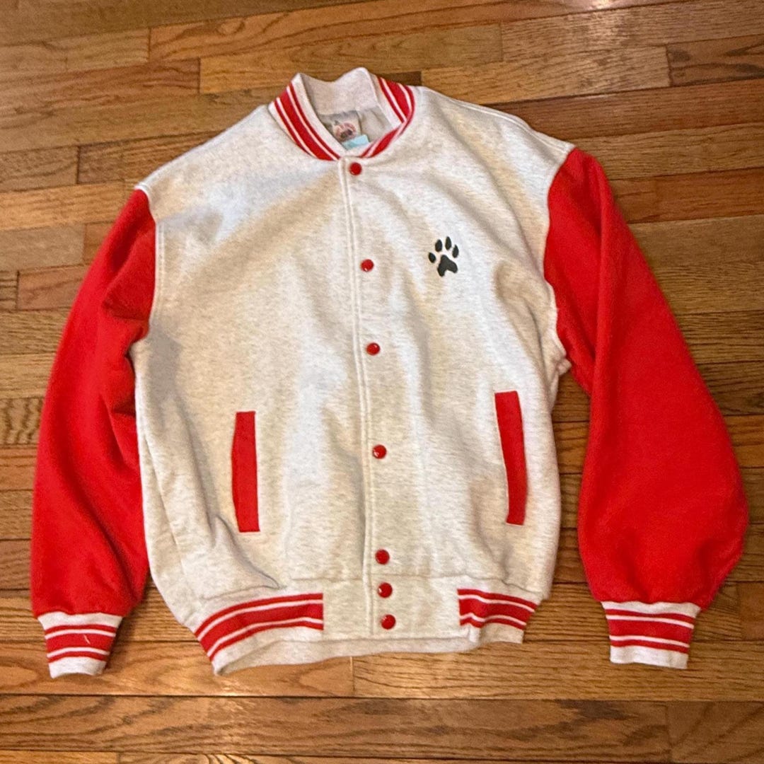 Vintage Pug “robert J. May” Varsity Jacket XL | Grey & Red Fleece With ...