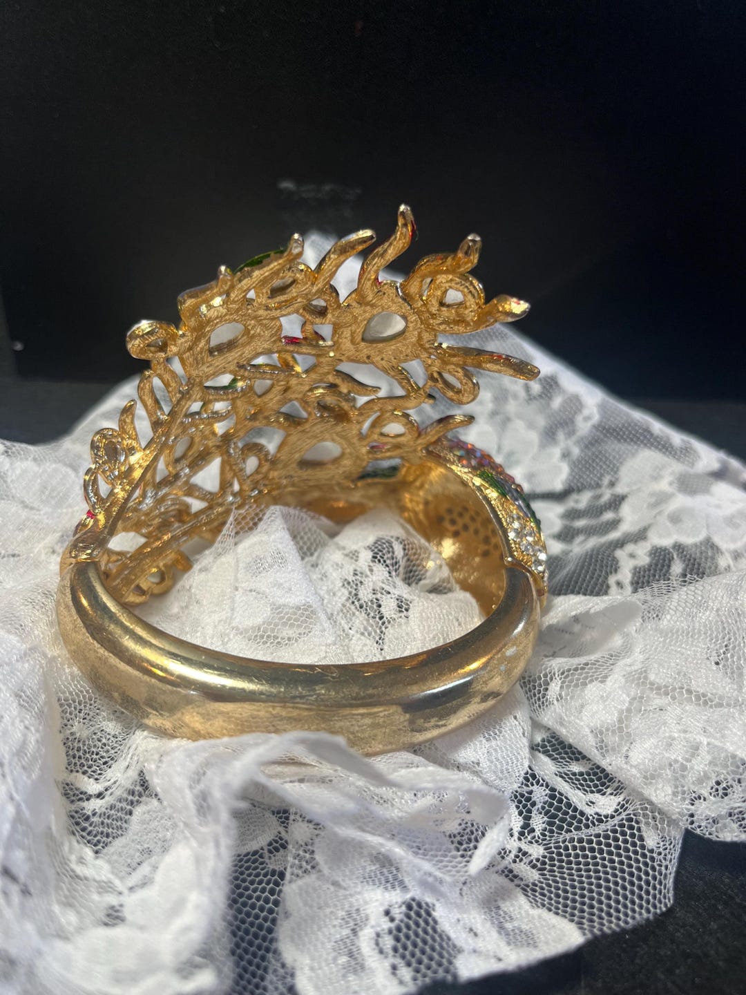 Gold-tone Natasha Bird of Paradise Peacock Crystal Hinged Cuff Bracelet ...