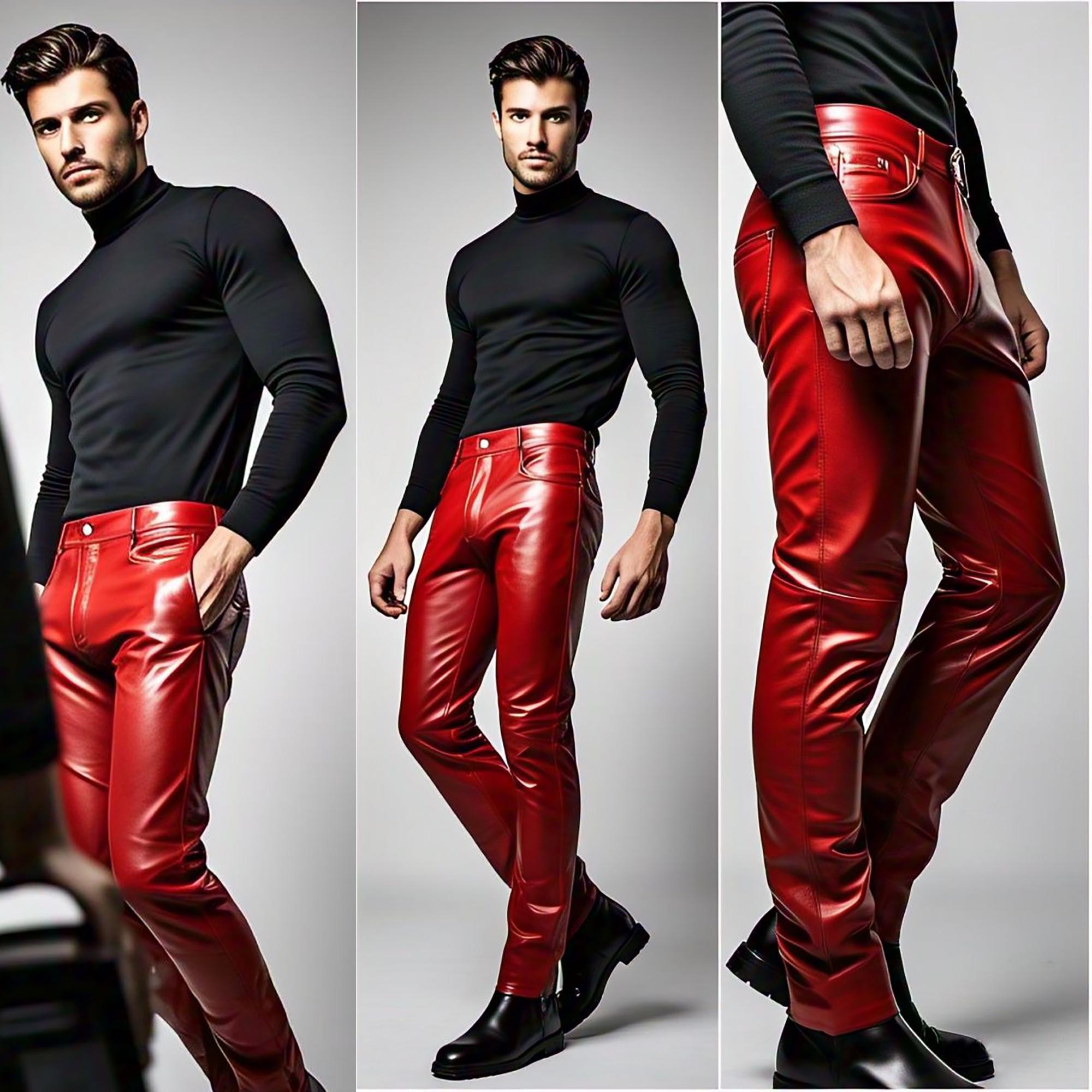 Genuine Sheep Leather Pants Mens Pants Red Leather Pants Leather Jeans Handmade Real Leather ...