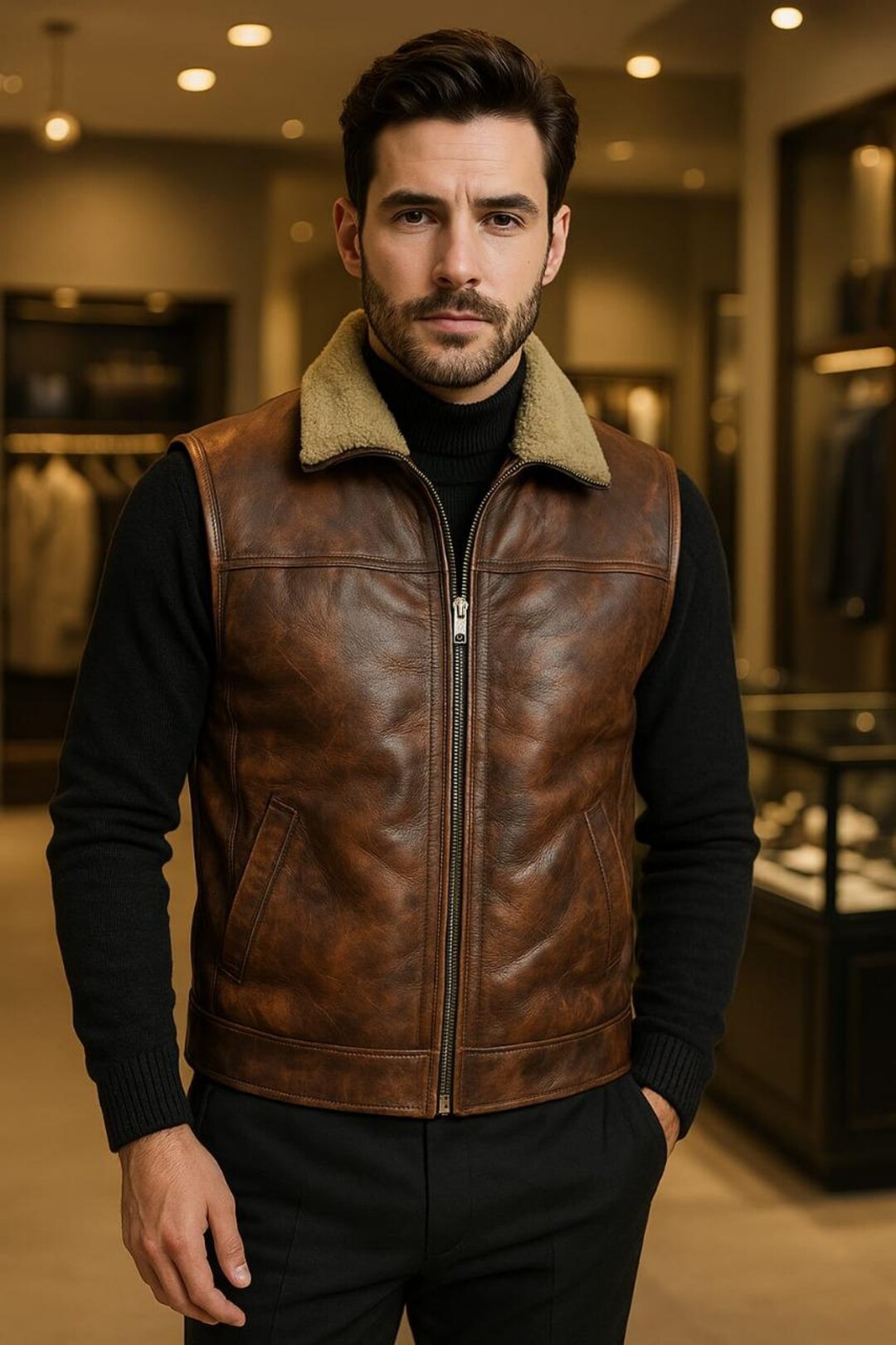 Shearling Vest Men's Brown Premium Sheepskin Leather & Real Shearling ...
