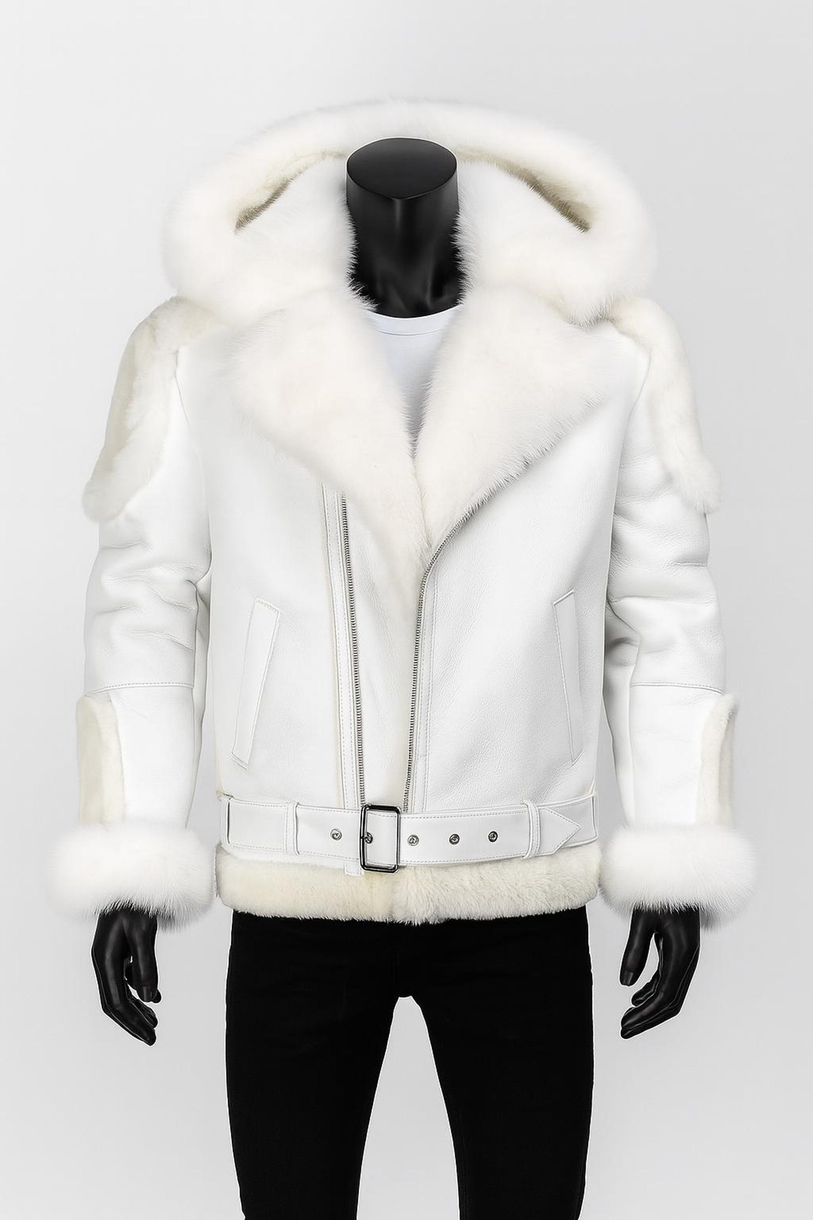 Men's White Shearling Aviator Jacket: Real Fox Fur Hood, Sheepskin ...