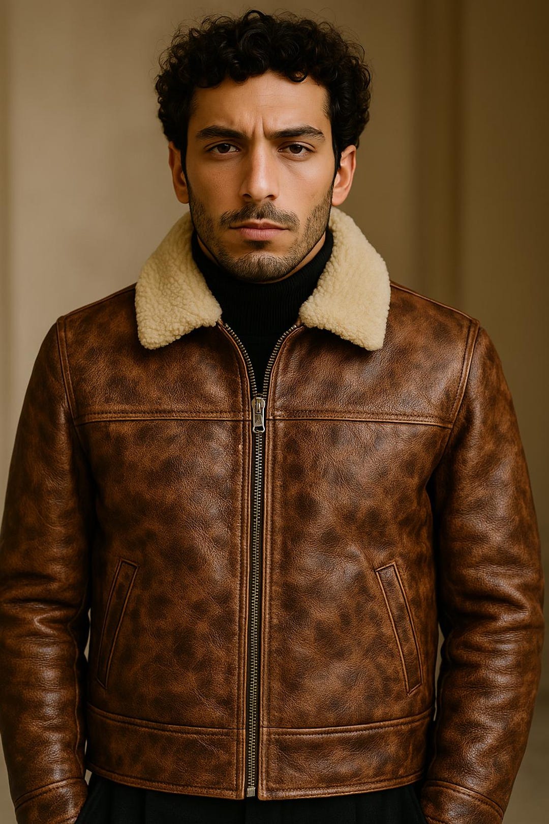 Genuine Shearling Jacket for Men's Aviator Brown B3 Real Shearling ...