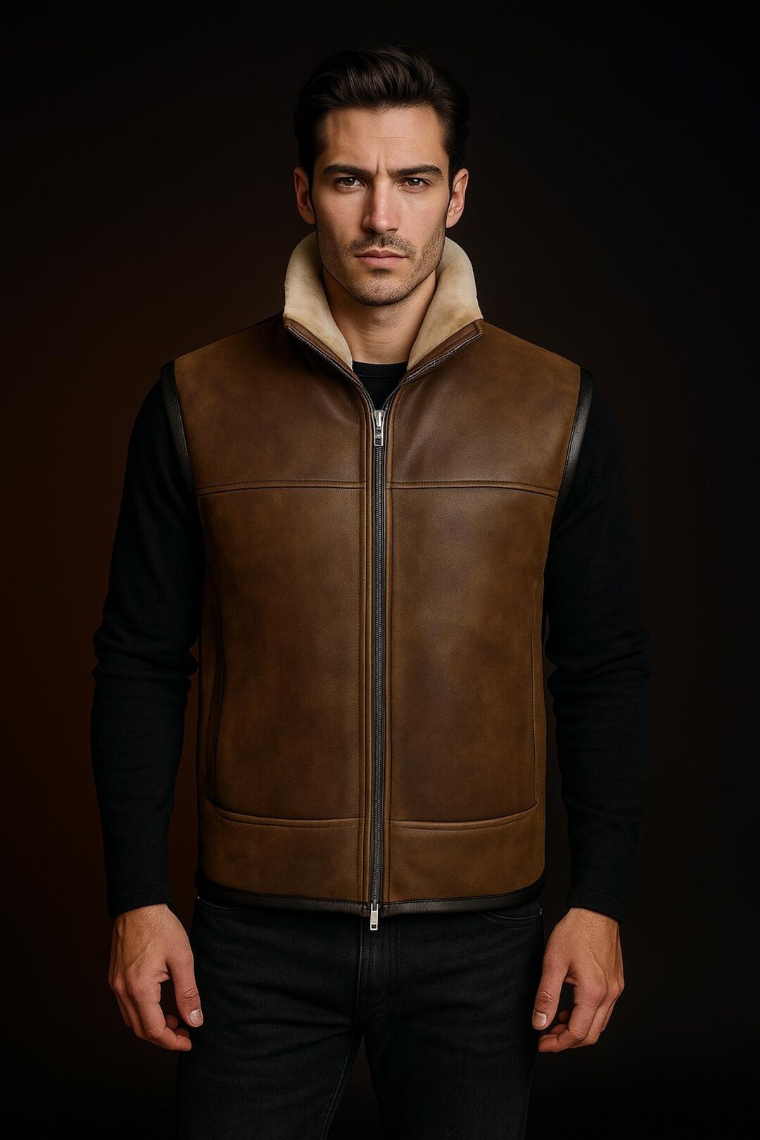 Mens Shearling Vest: Premium Sheepskin Leather, Brown Gilet - Etsy