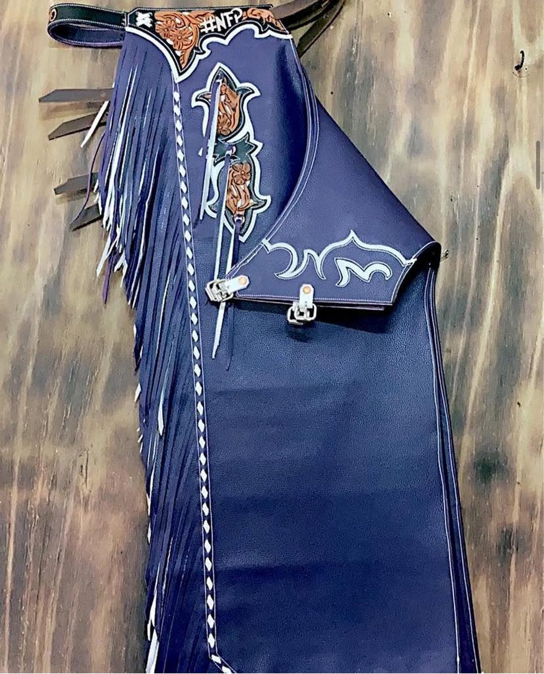 Hand-tooled Western Rodeo Chaps – Purple Leather Batwing Fringe Design ...