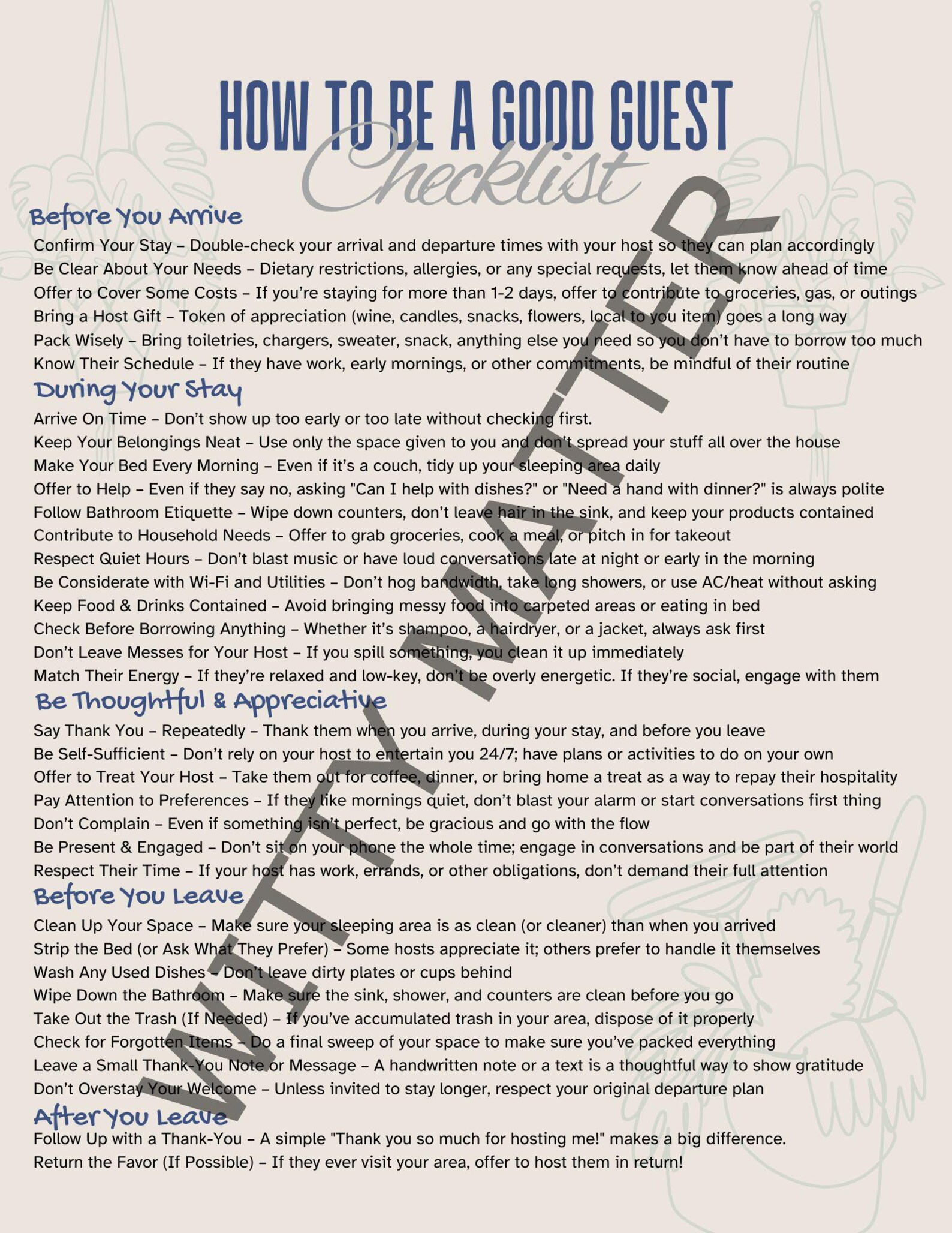 How to Be a Good Guest Checklist | House Guest Etiquette | Guest Guide ...