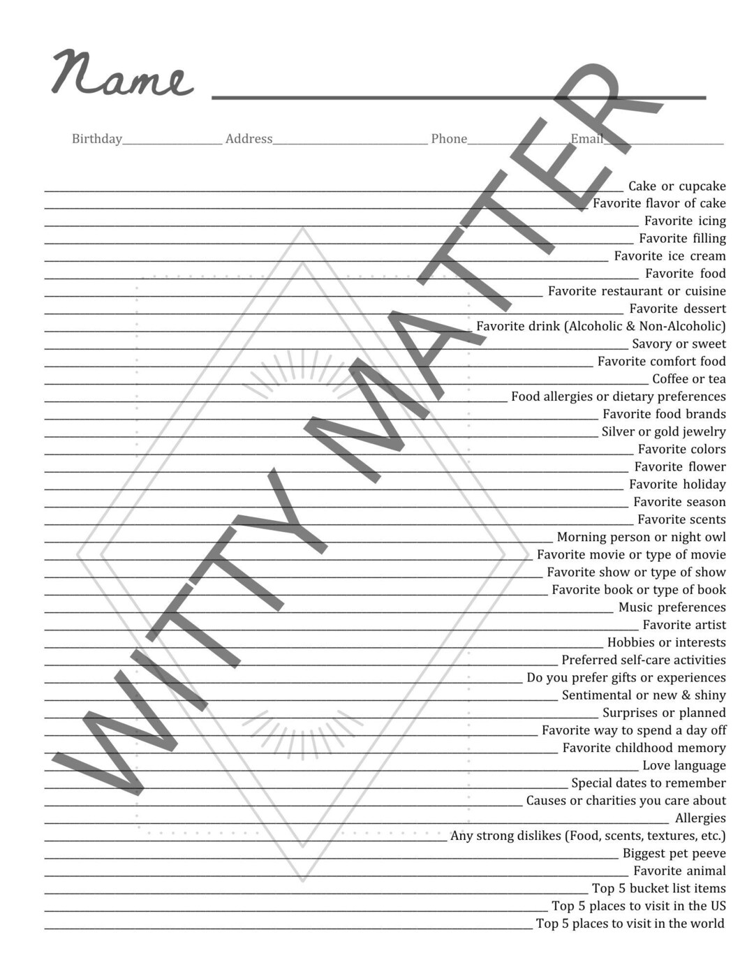 Loves & Likes List | Printable Things to Know About Your Loved One ...