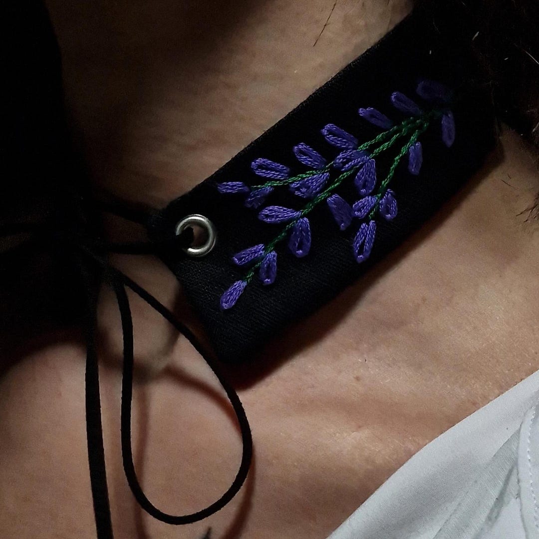 Collar Choker With Floral, Embroidered Linen Choker With Blue Floral ...