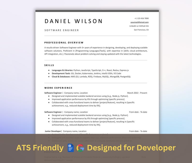 2025 NEW Resume Template for Software Engineer, Developer, ATS Friendly ...
