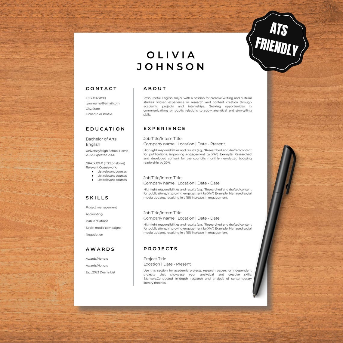 2025 NEW ATS Friendly Resume Template for Students, Internship, First ...
