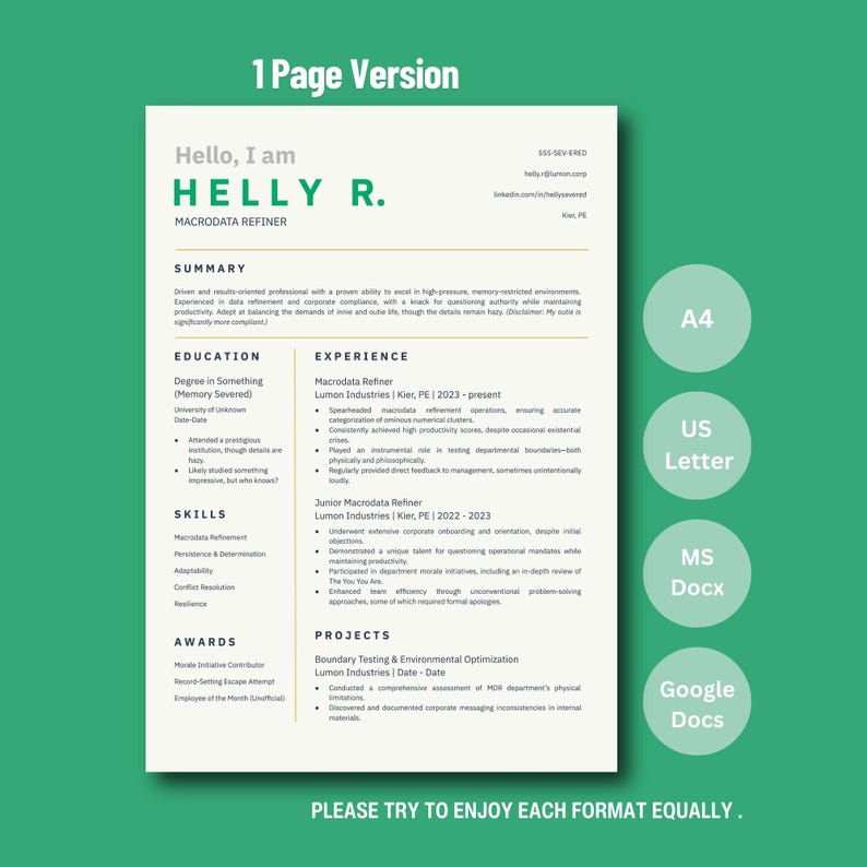 Severance Resume Template | Lumon Executive Resume | Professional CV | Google Docs Word 2025 ...