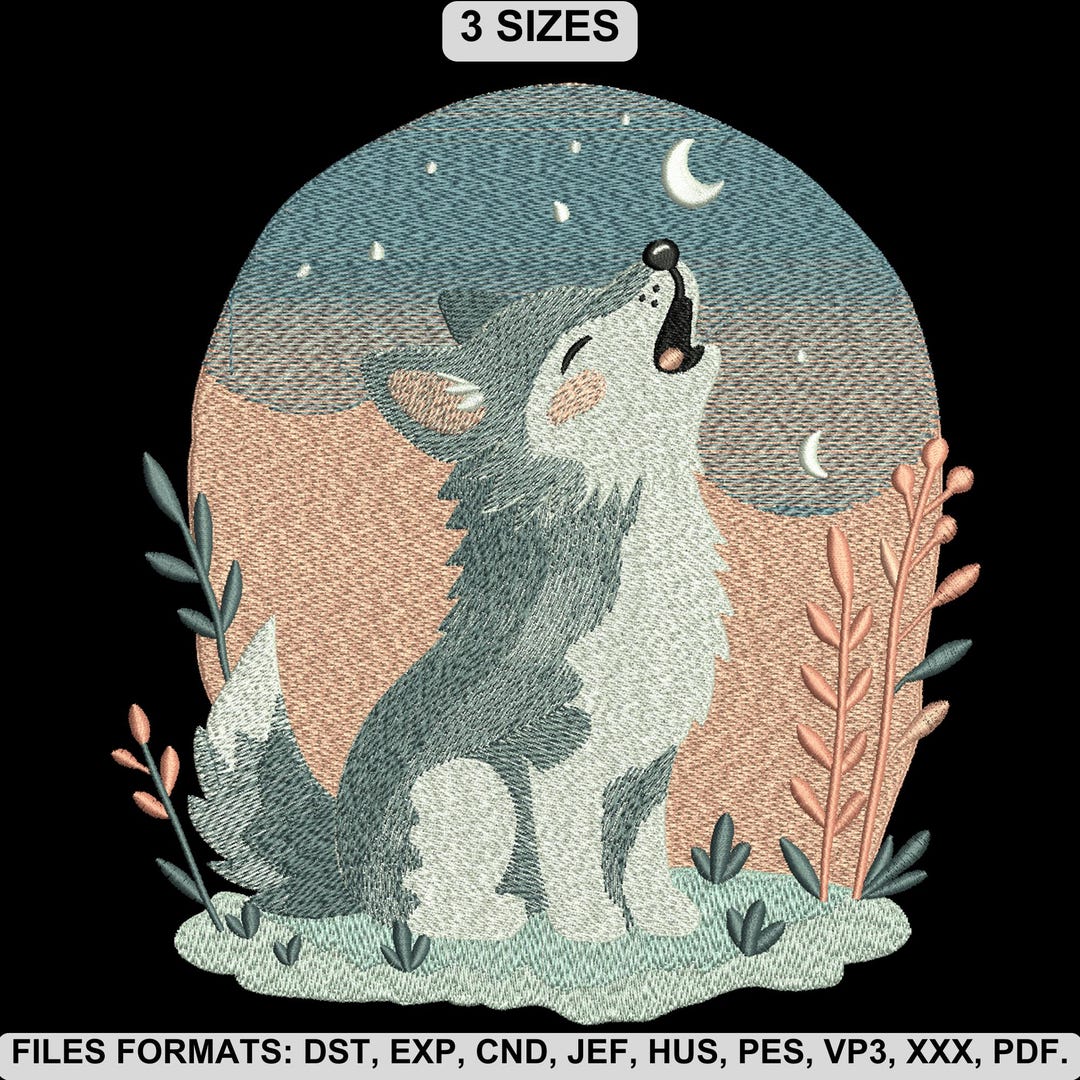 Howling Wolf Embroidery Design, Cute Forest Animal Machine Embroidery ...
