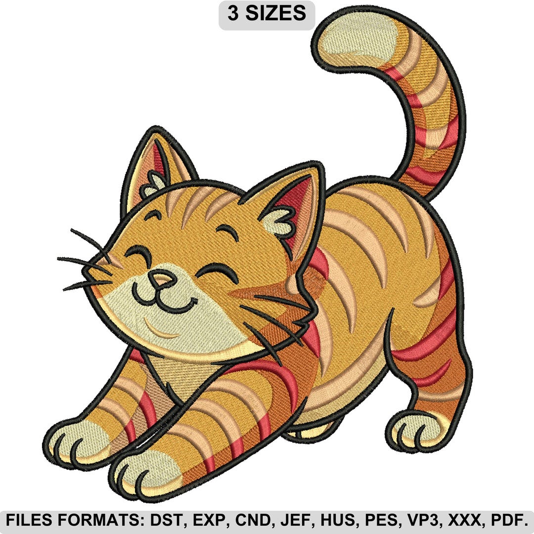 Cute Stretching Cat Embroidery Design, Cute Kitten Machine Embroidery ...