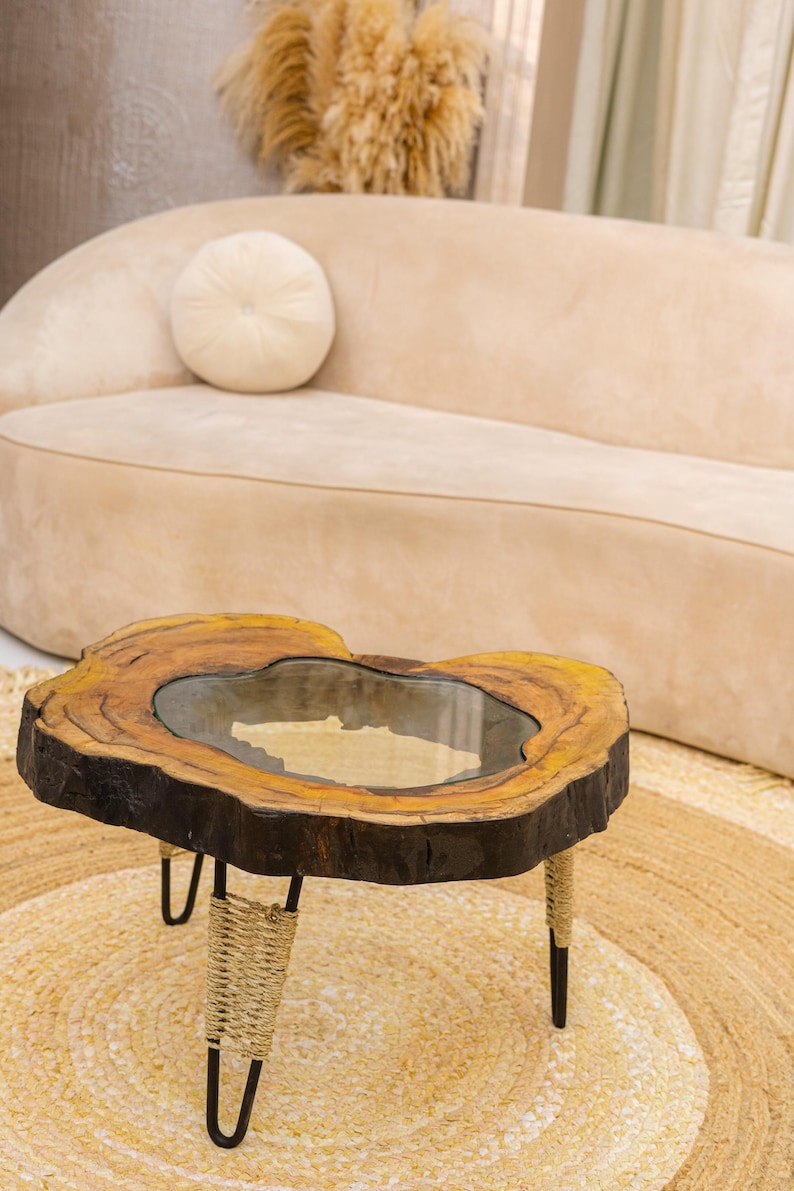 Live Edge Coffee Table, Glass Inset Table, Handmade Wood Table, Raffia ...