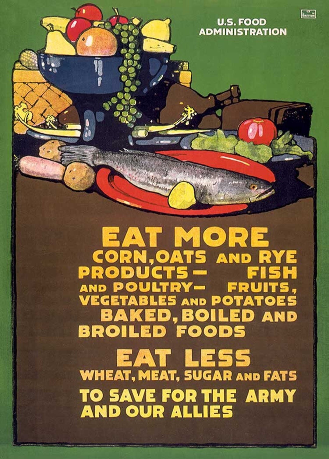 Vintage WWI Food Conservation Poster: Eat More Corn, Oats, Rye - 1917 ...