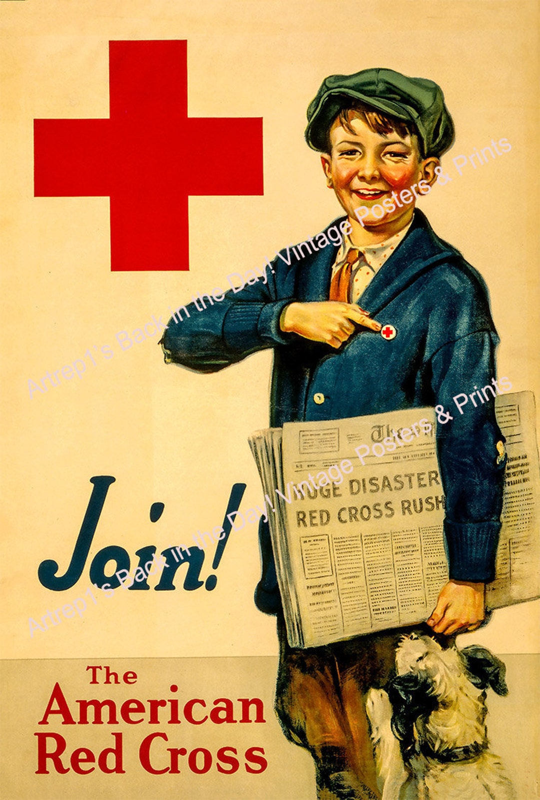 WWI, Red Cross, Paper Boys, Recruitment Poster, Vintage Reproduction ...