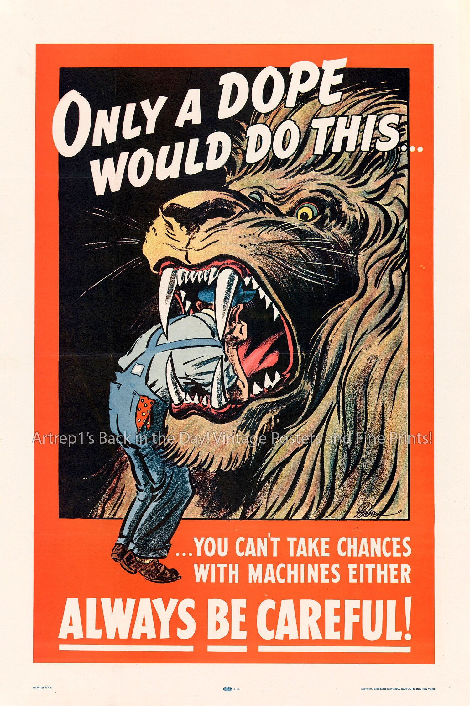 WWII Era, Lions, Machine Safty, Vintage Reproduction Poster C. 1941-45 ...
