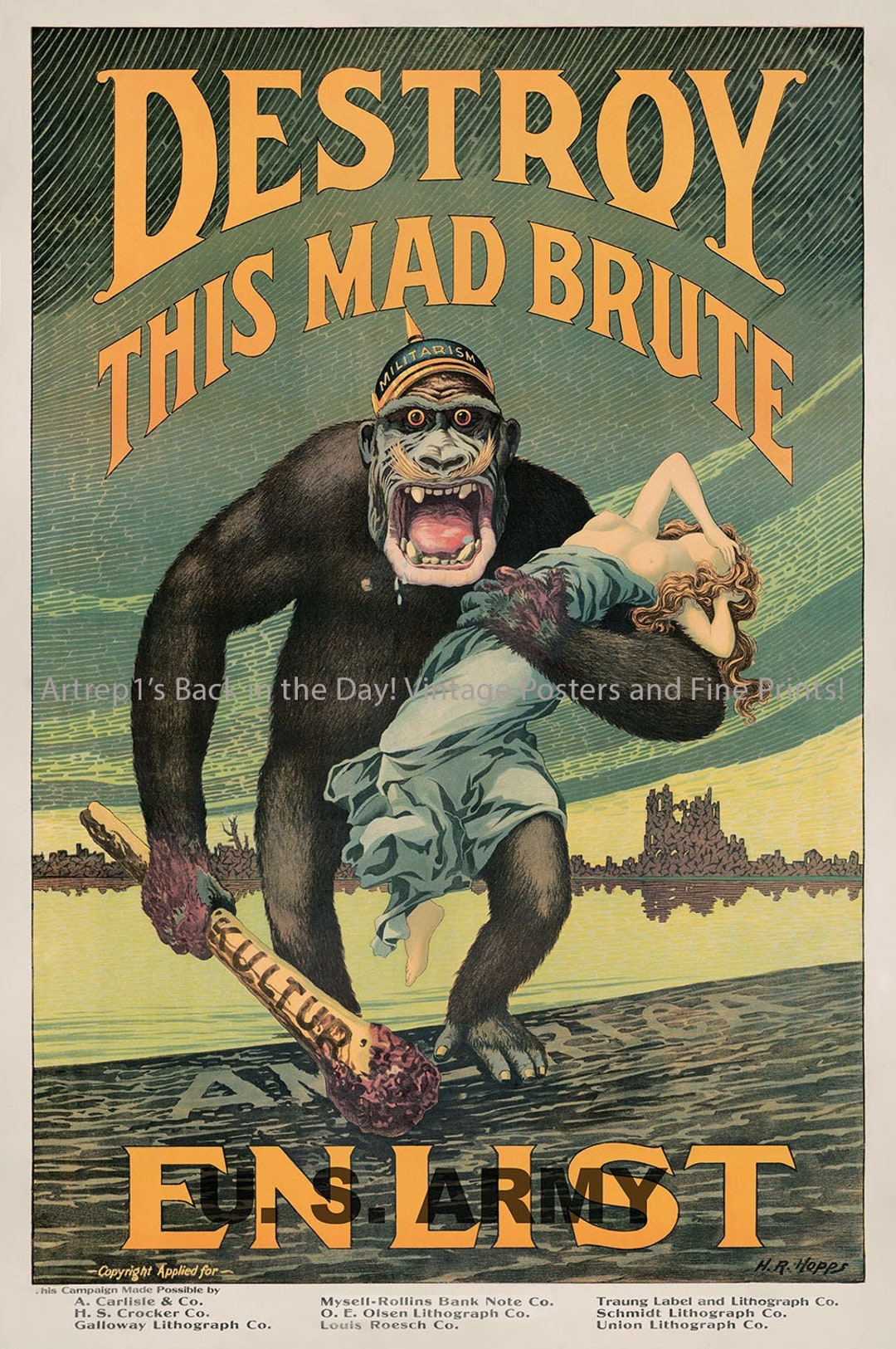 WWI, Gorillas, Propoganda, War Posters, Reproduction Vintage, "destroy ...