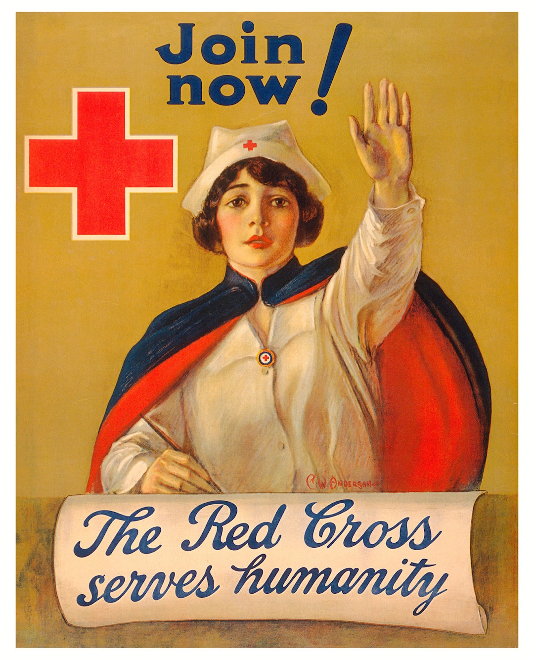 WWI, Nursing, Vintage Reproduction Poster "the Red Cross Serves ...