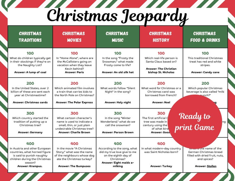 Christmas Jeopardy Game: Printable Trivia(digital Download) - Etsy