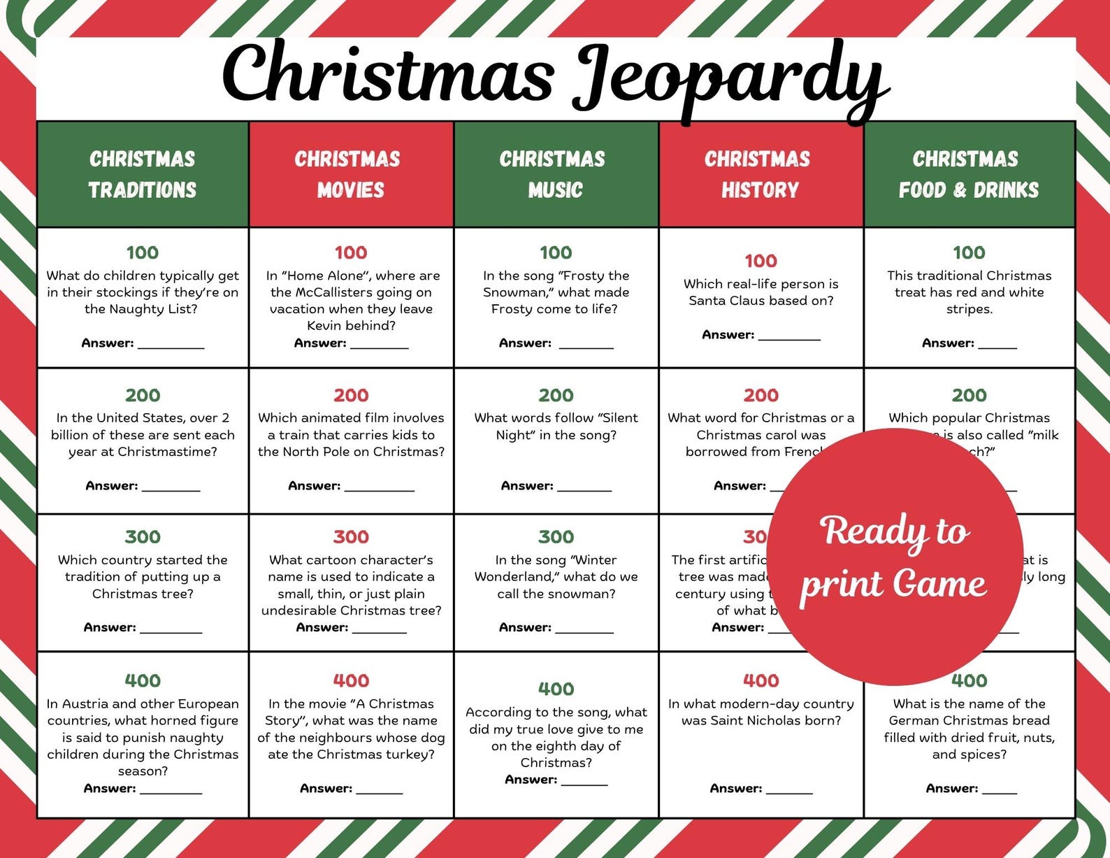 Christmas Jeopardy Game: Printable Trivia(digital Download) - Etsy