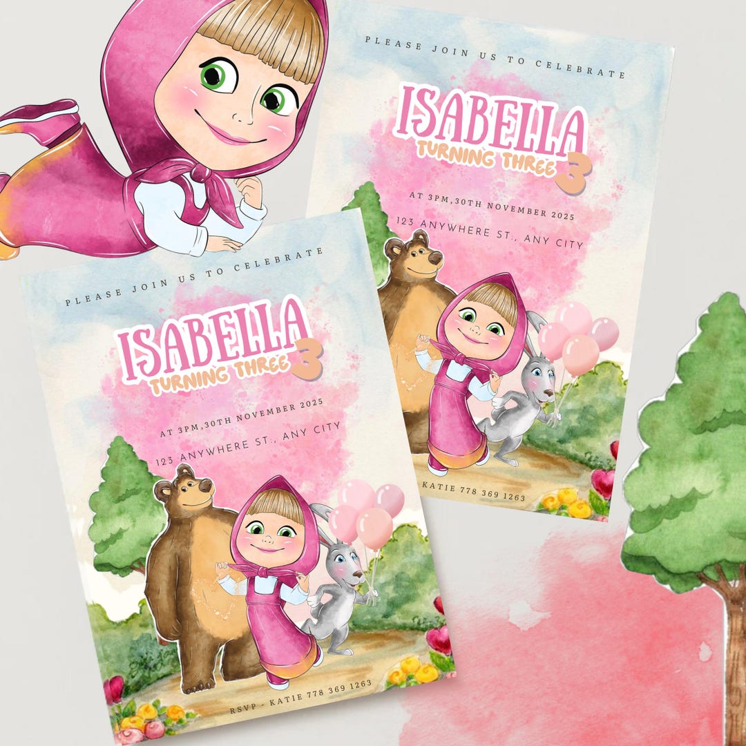Invitación de cumpleaños de Masha y el Oso - Plantilla editable de ...