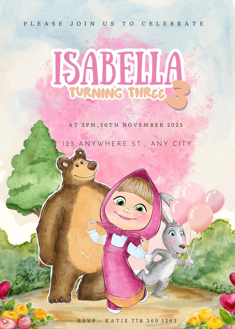 Masha and the Bear Birthday Invitation- Editable Canva Template ...