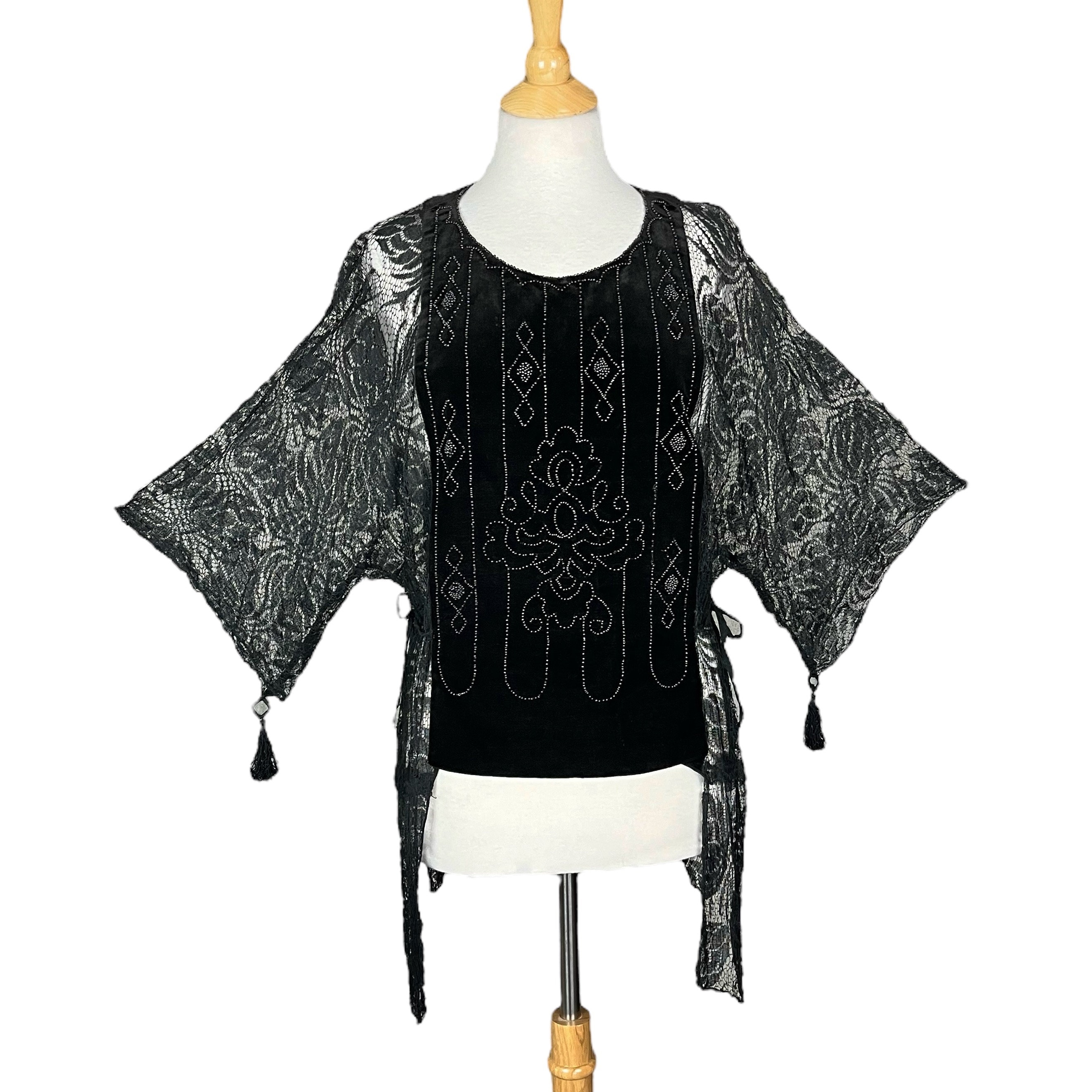 Vintage 1920s Blouse, Antique Beaded Velvet Lace 20s Flapper Top, S/M - L